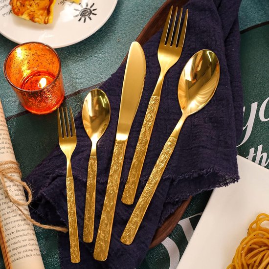 Gouden roestvrijstalen bestekset, bestek goud 12 personen, patroon ...