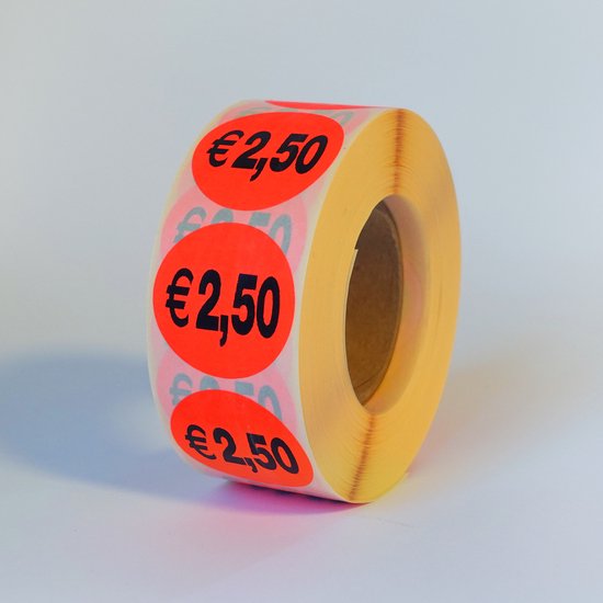 "2,50 euro" - Prijs stickers op rol - 1000 etiketten - 35mm rond - Rood ...