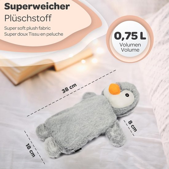Premium warmwaterkruik voor kinderen, pinguïn met overtrek, wollig, 0 ...