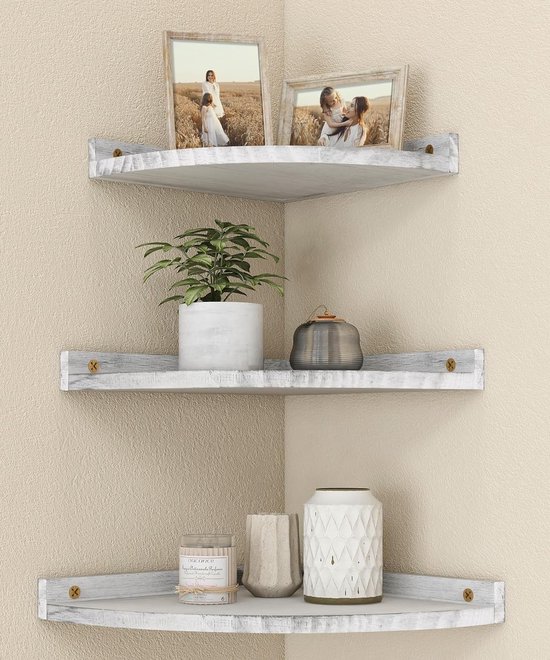Hoekplank, witte hangende wandplank, hout, set van 3, vintage zwevende ...