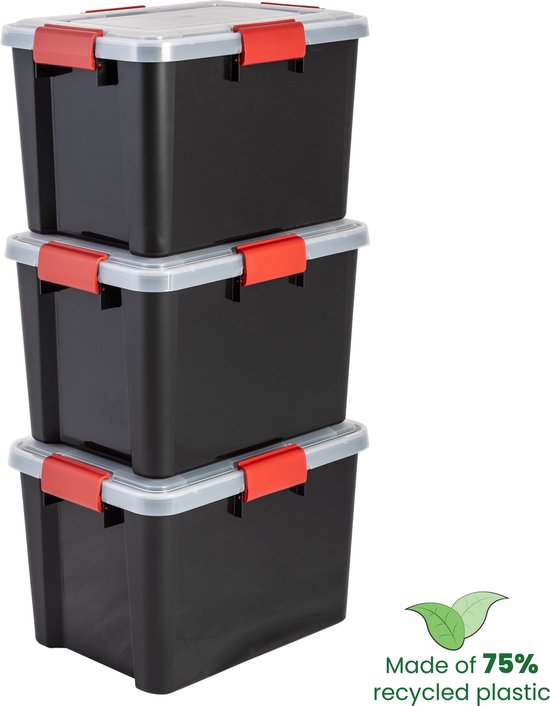 IRIS Airtight Box Opbergbox - 20L - Kunststof - Zwart/Rood - Set van 3 ...