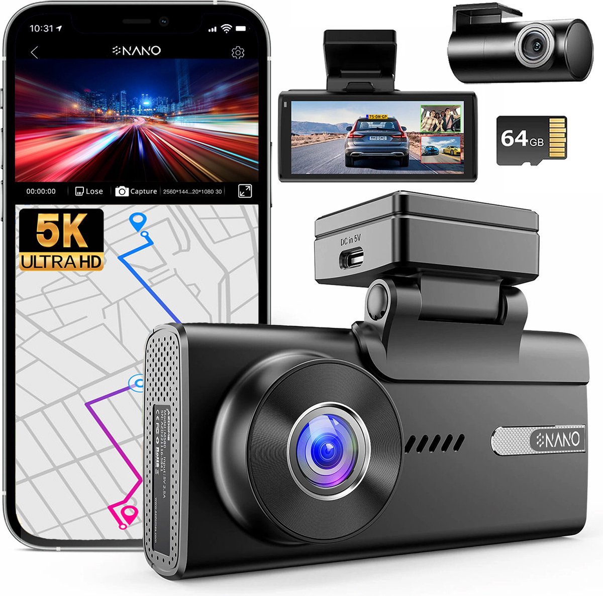 Nanocam M93 Pro dashcam voor auto met achter camera - 5K (of 4K ...
