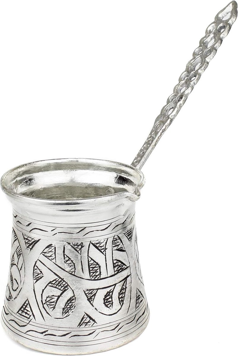 Turkse Koffiepot: Verzilverd Koperen Cezve Koffiepot met Gesneden ...