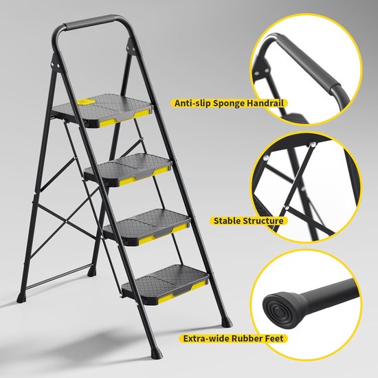 4-traps ladder, opstapladder 4-traps opvouwbaar met anti-slip breed ...