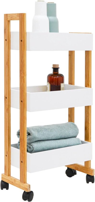 Ruimtebesparende Bamboe Trolley - 38x20x80 Houten Rek op Wielen | bol