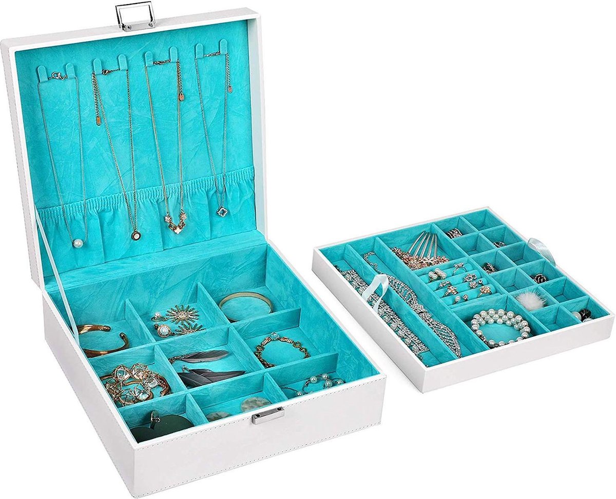 Sieradendoos met 2 Lagen - Juwelendoos - Wit met Blauw | bol.com