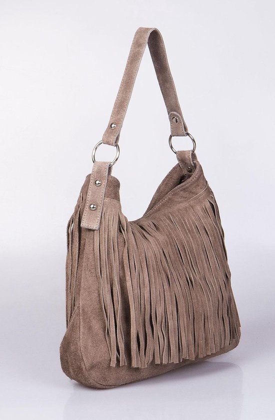 Suede – tas – met - franjes - van echt Italiaans taupe kalfssuède by ...