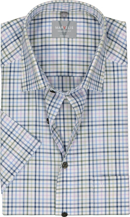 MARVELIS comfort fit overhemd - korte mouw - popeline - wit met blauw ...