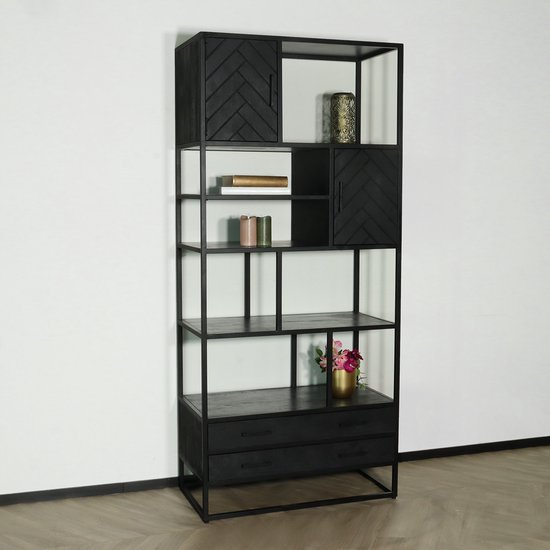 Kast industrieel mangohout Rio zwart mango hout visgraat wandkast 200cm ...