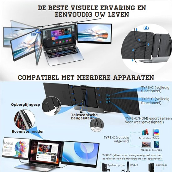GUTEC Draagbare Monitor voor Laptop - 14 inch - 1920x1080 - Opvouwbare ...