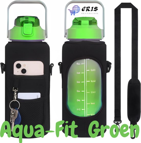 Aqua-Fit Groen 2 Liter - Waterfles - Drinkfles - Zwarte Draagtas met ...
