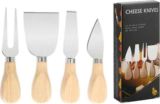 Set van 4 kaasmessen, roestvrij staal, met eikenhouten handvat, kaasmes ...