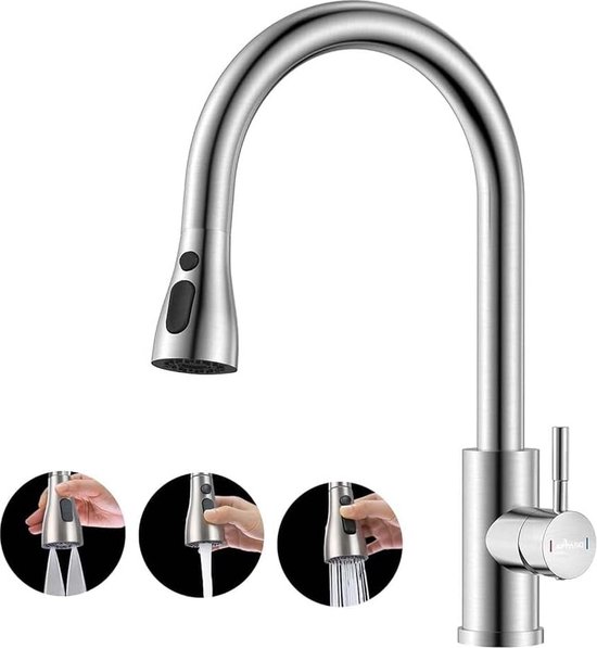 Keukenkraan, hoge druk keukenkraan met douche, keukenmengkraan met 3 straalsoorten,... | bol