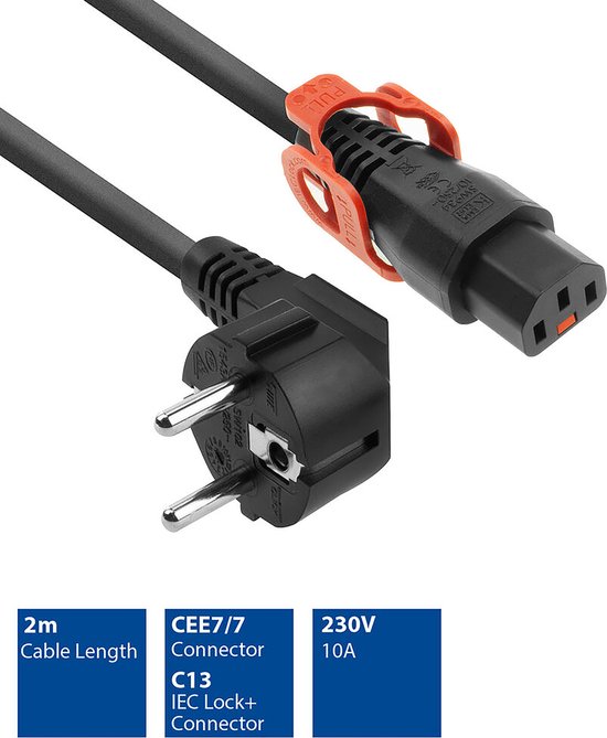 ACT Netsnoer CEE 7/7 male (haaks) - C13 IEC Lock+ zwart 2 m, EL332S, 5 ...