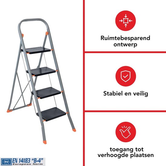 Toolland Stepix trapladder, 4 treden, inklapbaar, huishoudtrap met hoge ...