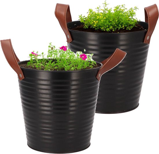 DK Design Plantenpot/bloempot emmer Leather- 2x - zink - zwart - D20 x ...