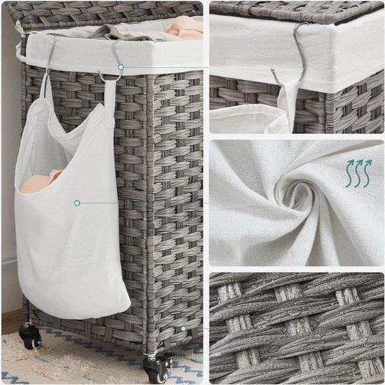 Wasmand met deksel 140 l gevlochten vuile wasmand met wieltjes 3 vakken ...