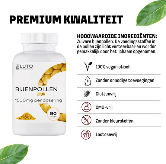 Bijenpollen Stuifmeelkorrels 90 Vegetarische Capsules 1500mg Per Bijenpollen Stuifmeelkorrels 90 Vegetarische Capsules 1500mg Per