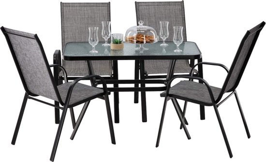 tuinmeubelset- glazen tafel - 4 stoelen- grijs- stoelen opstapel baar ...