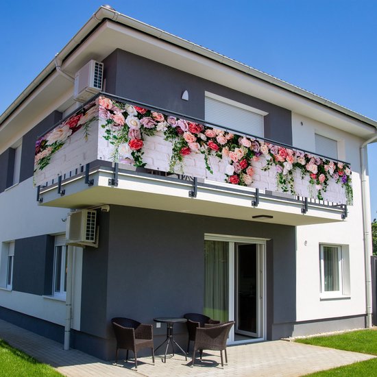 Balkonscherm 500x80 cm - Balkonposter Bloemen - Roze - Planten - Wit - Muur - Balkon... | bol