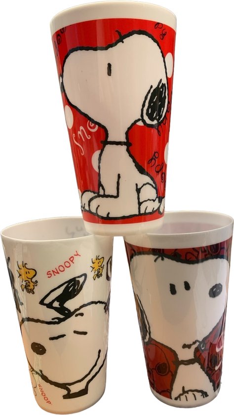 3 Plastic Snoopy / Peanuts bekers - Hard plastic - Reusable - 13,5 cm ...