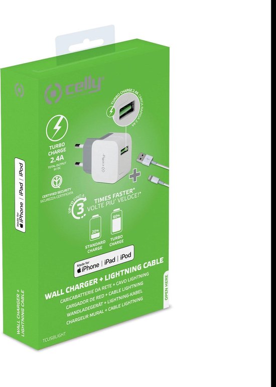 Celly - Wall Charger + Lightning Cable [Turbo] - Snellader iPhone ...