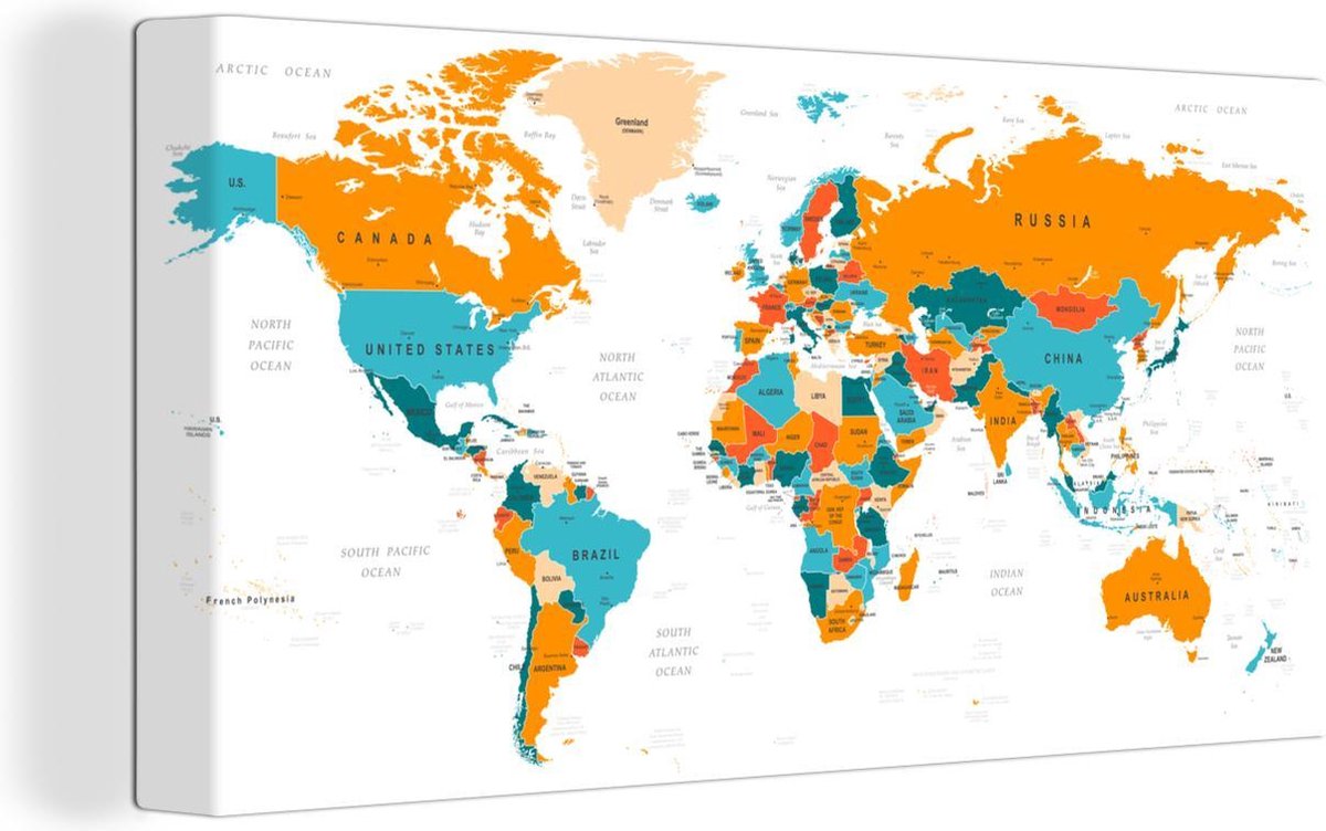 Canvas Wereldkaart - 40x20 - Wanddecoratie Wereldkaart - Atlas ...