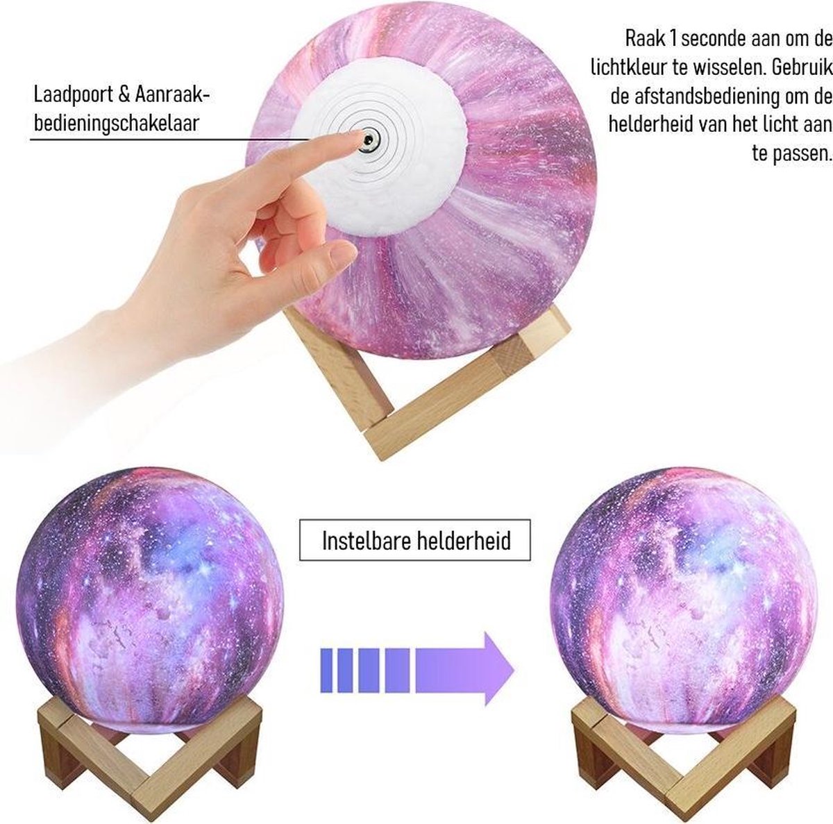 CreateBotics - LED 3D Galaxy Maan Lamp 18 cm - Tafellamp op houten ...