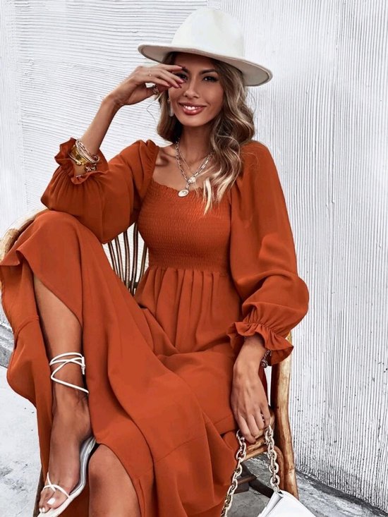 MKL - Dames jurk - Midi jurk - Boho Jurk - Lent/ Zomerjurk met lange mouwen - Oranje... | bol