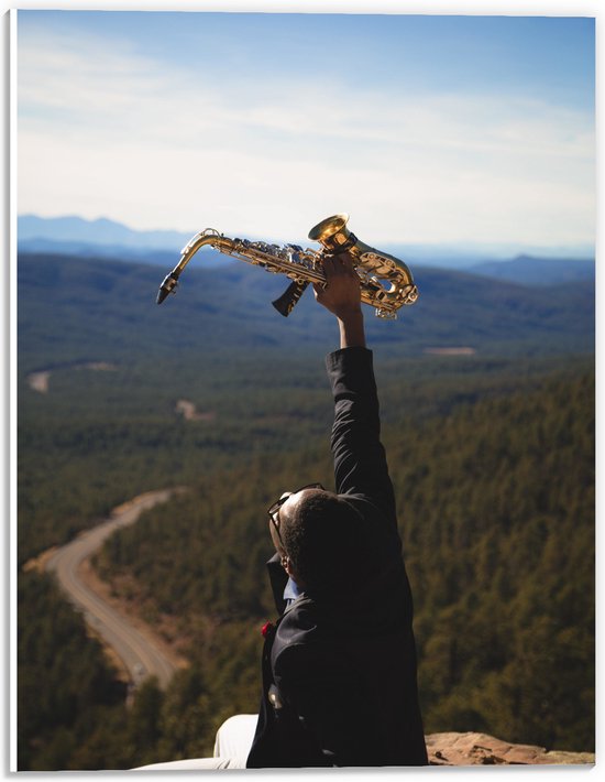 PVC Schuimplaat - Man met Trompet aan de Rand van Cliff met Uitzicht ...