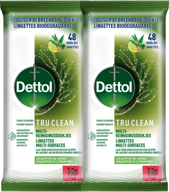 Dettol Tru Clean Lingettes Nettoyantes Biodégradables - Eucalyptus et ...