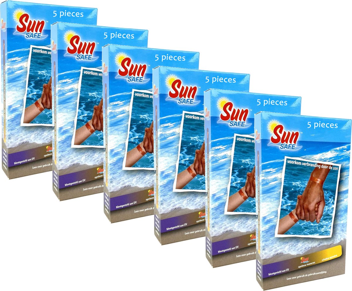 6-Pack Sunsafe UV Polsband 5 stuks (totaal 30 UV-polsbandjes) - Zonnebrand | bol.com