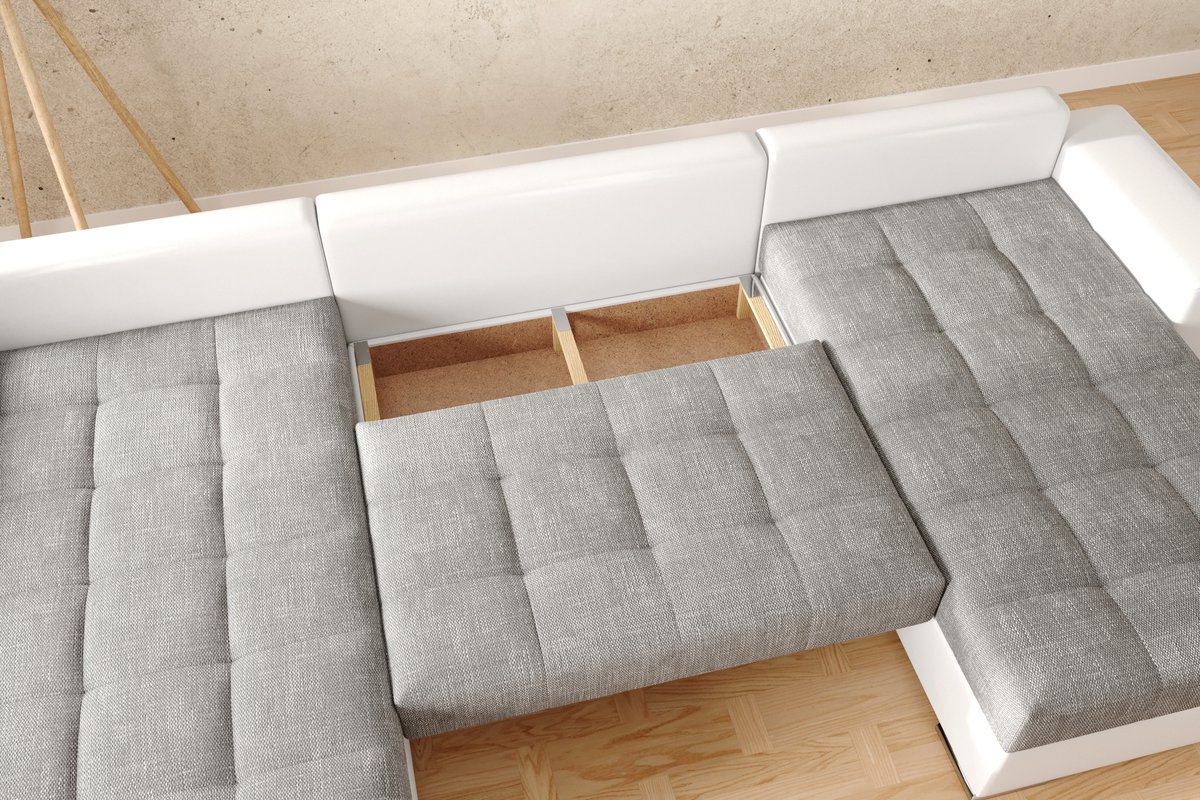 Hoekbank Best Met hocker - wit pu en grijs stof - Hoeksalon met bed en ...