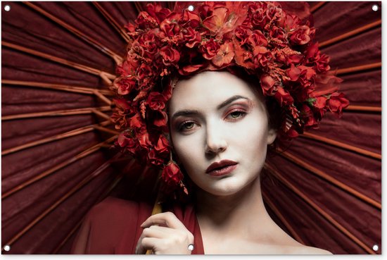 Tuinposter - Tuindoek - Tuinposters buiten - Vrouw - Rood - Portret ...