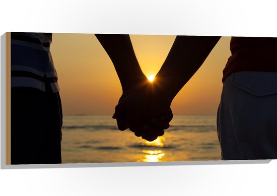 Hout - Koppel Hand in Hand bij Zonsondergang in de Zee - 100x50 cm - 9 ...