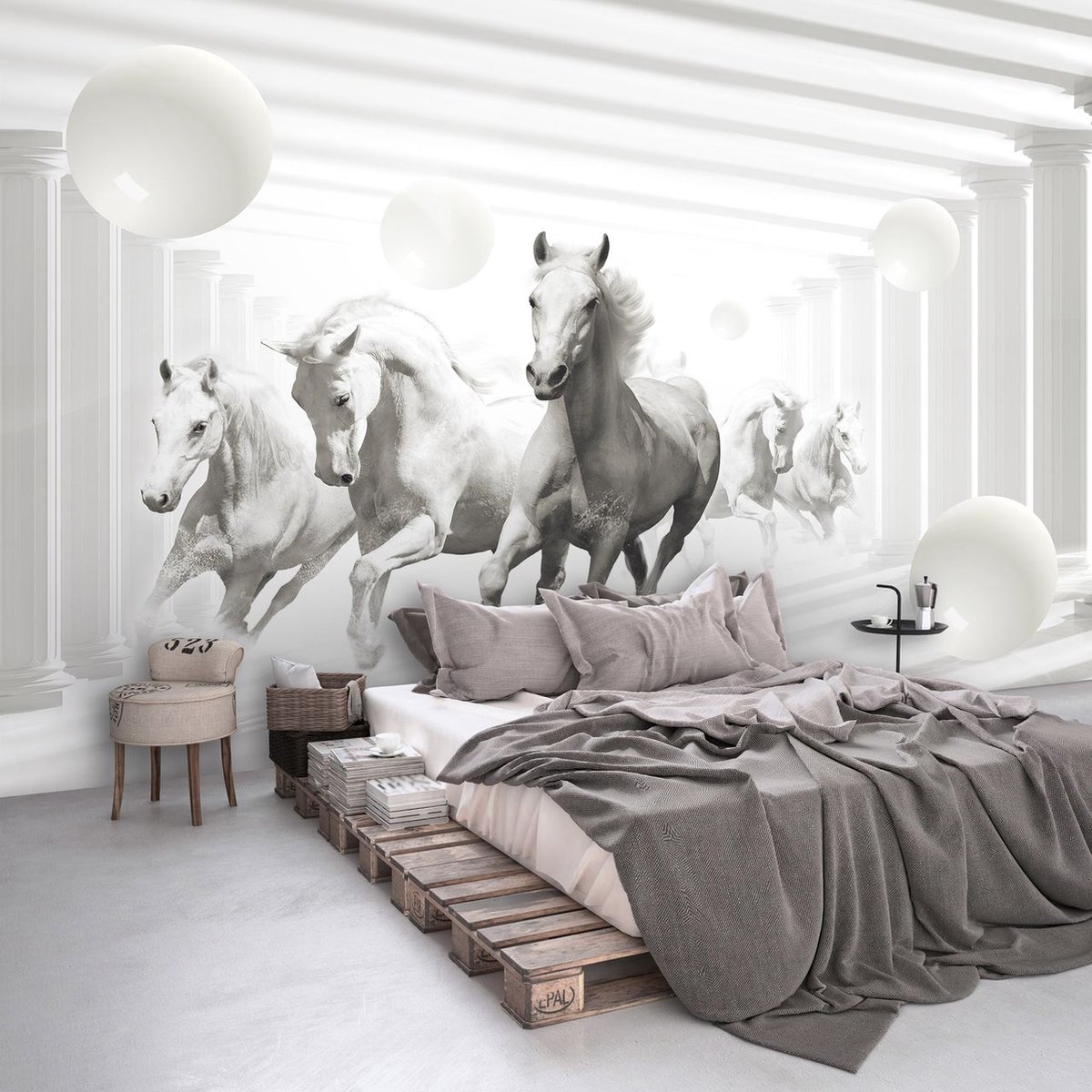 Fotobehang - Vlies Behang - Witte Paarden tusse de Pilaren uit de 3D ...