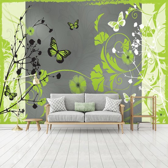 Fotobehang - Vlies Behang - Groene Vlinders en Bloemen Kunst - 254 x 184 cm | bol.com