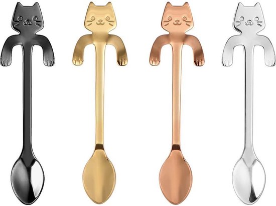 RVS lepels met kattenkop - 4 stuks - Voor koffie, thee, melk en ...