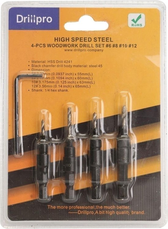Drillpro 4 stks HSS Verzinkboor Boor Set 1/4 Hex Schacht Quick Change ...