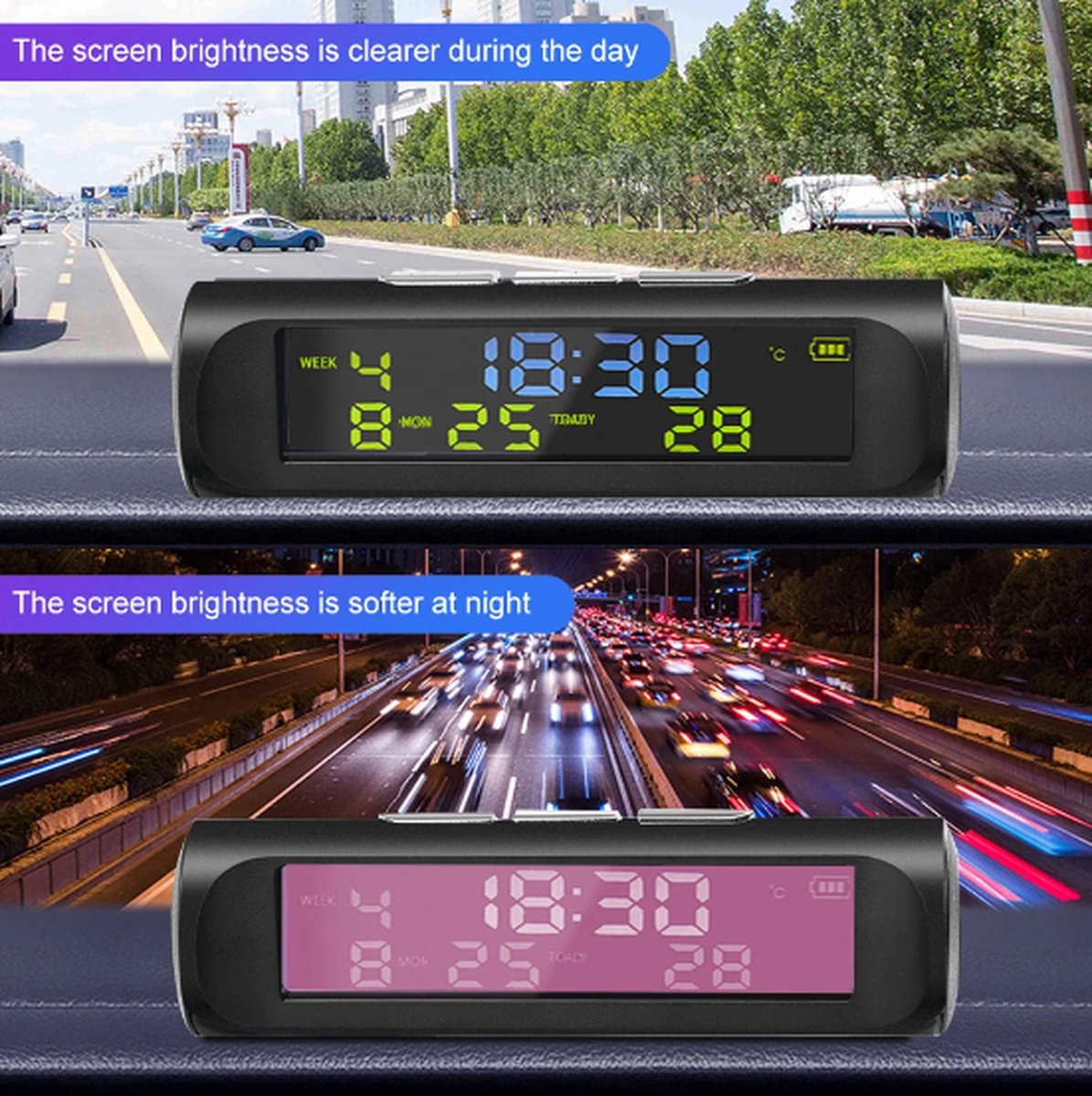 Autoklok op zonne energie - Digitale klok - Autoklokje zwart ...