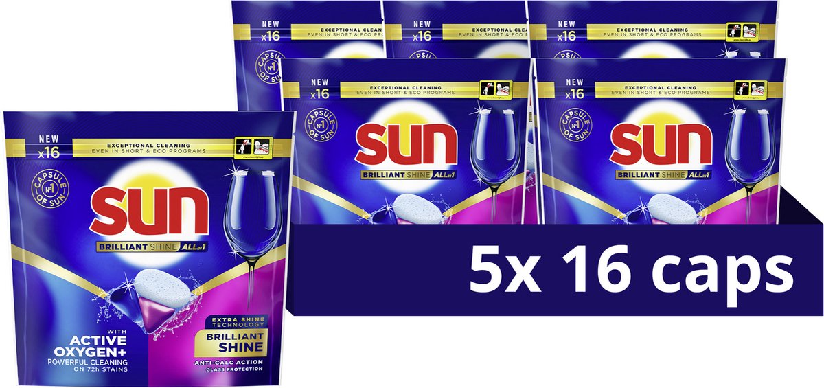 Sun Brilliant Shine All-in 1 Vaatwastabletten – 5 x 16 capsules - Voordeelverpakking | bol