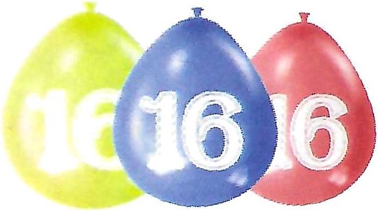 Ballonnen cijfer 16 no. 12 eenzijdig 1 zakje met 8 stuks | bol