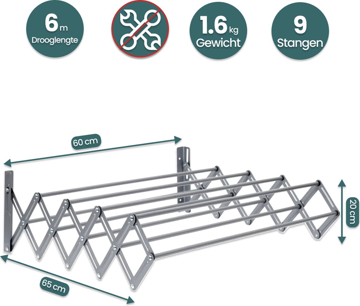 BluGo Droogrek Inklapbaar met Bevestigingsmateriaal - Wanddroogrek ...