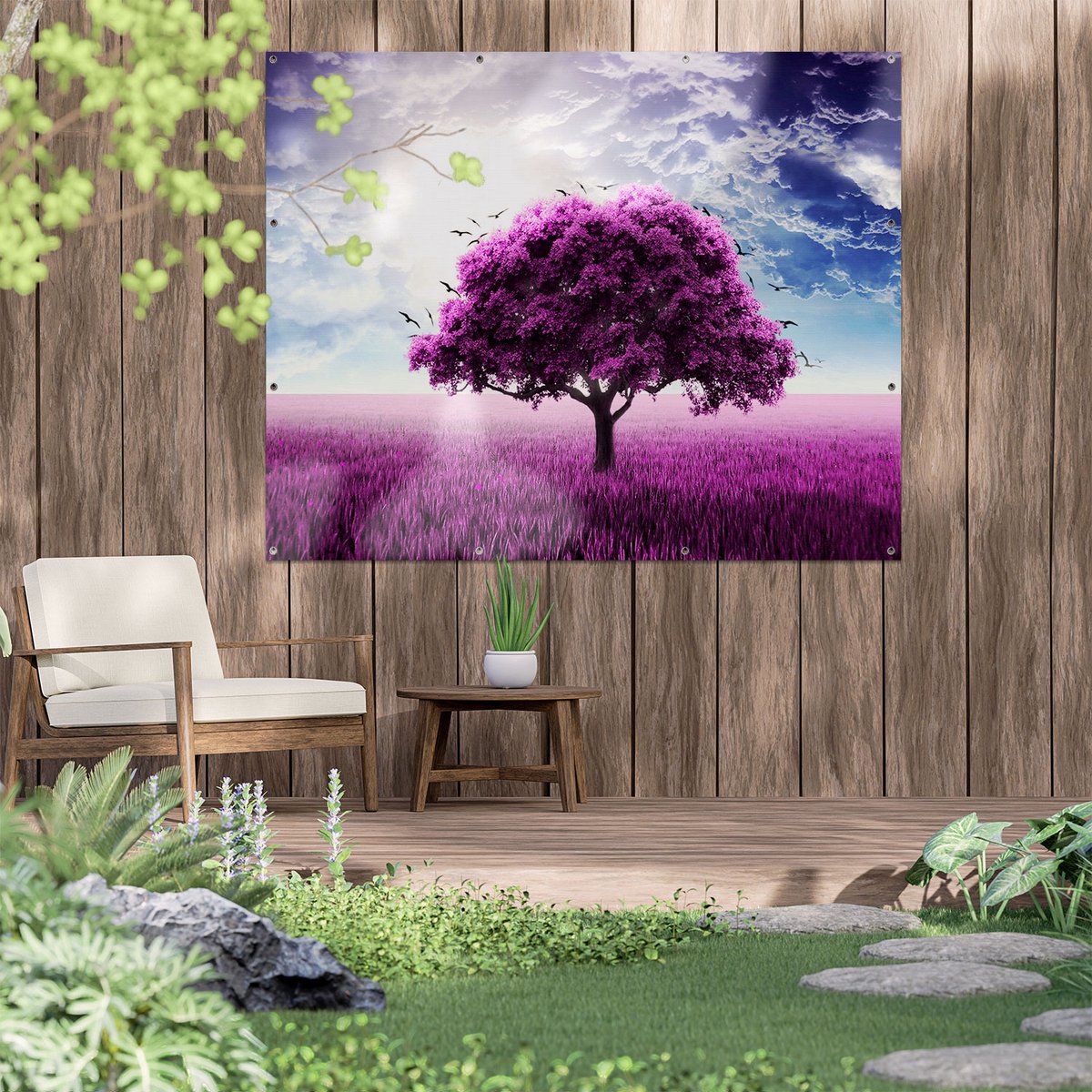 Gards Tuinposter Paarse Boom in het Paars Veld met Vogels - 150x120 cm ...