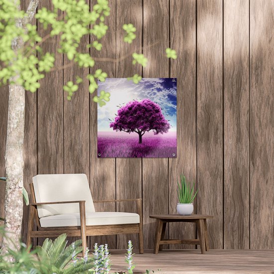 Gards Tuinposter Paarse Boom in het Paars Veld met Vogels - 60x60 cm ...