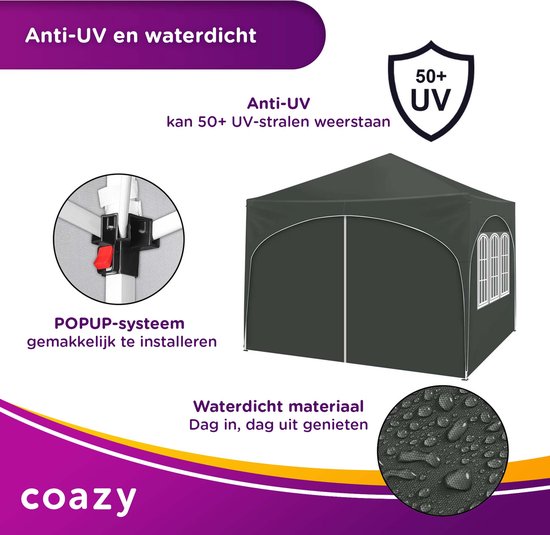 Coazy | Partytent 3x3 meter Weerbestendig | Opvouwbaar met Zijwanden ...