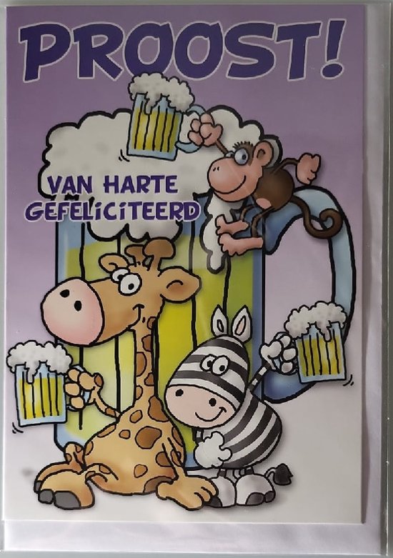 Proost! Van harte gefeliciteerd! Een grappige kaart met drie dieren die ...