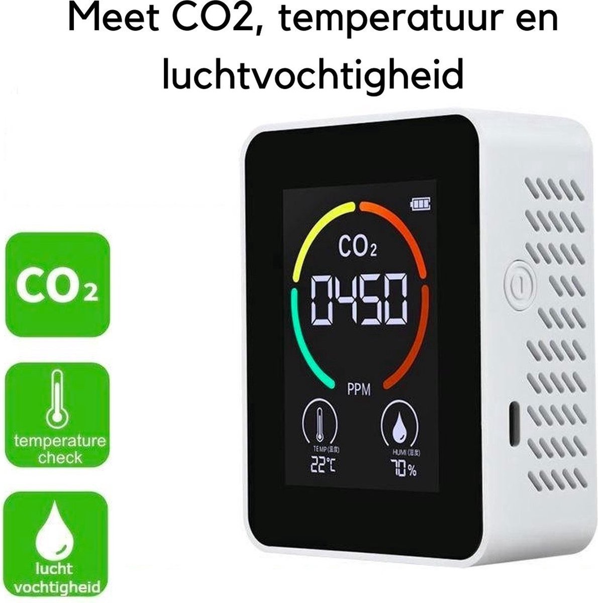 CO2 Meter - CO2 Meter Horeca - Hygrometer - Luchtkwaliteitsmeter - CO2 meter binnen - Wit | bol