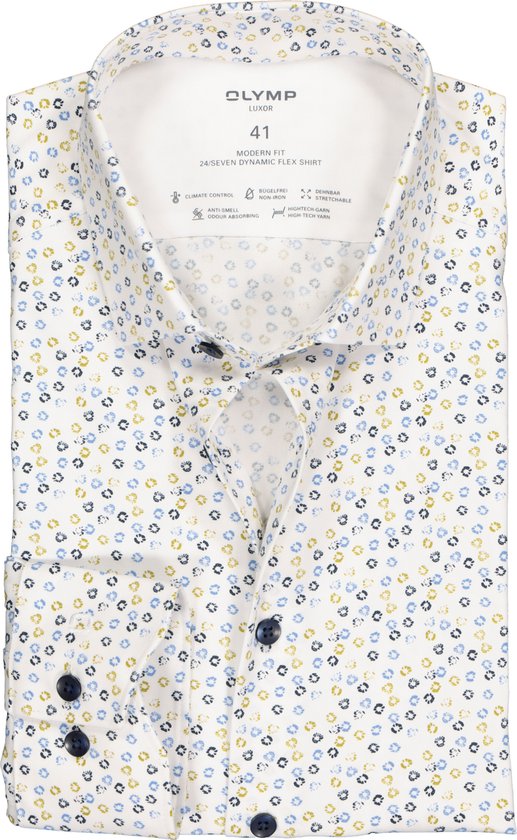 OLYMP 24/7 modern fit overhemd - twill - wit met blauw en groen dessin ...