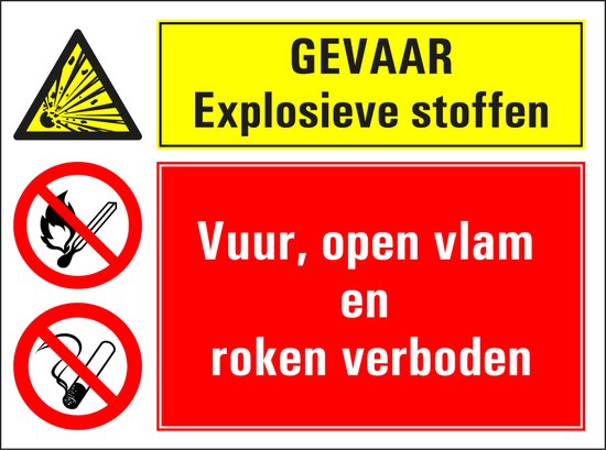 Explosieve stoffen, vuur open vlam en roken verboden bord 280 x 210 mm ...